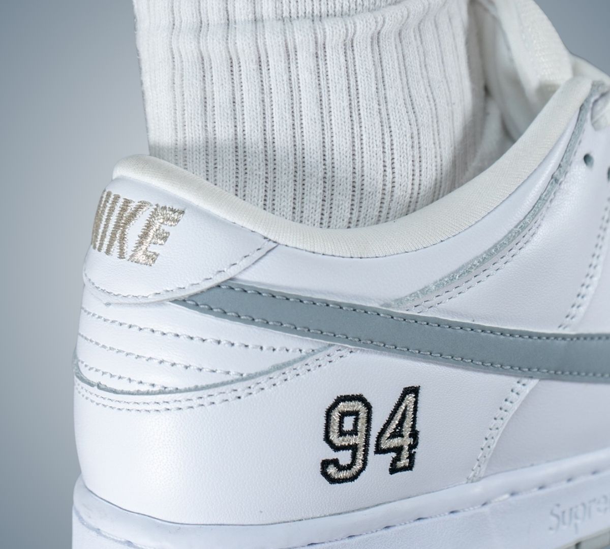 Supreme x Nike SB Dunk Low White Metallic Silver HQ8487-100 | SneakerFiles